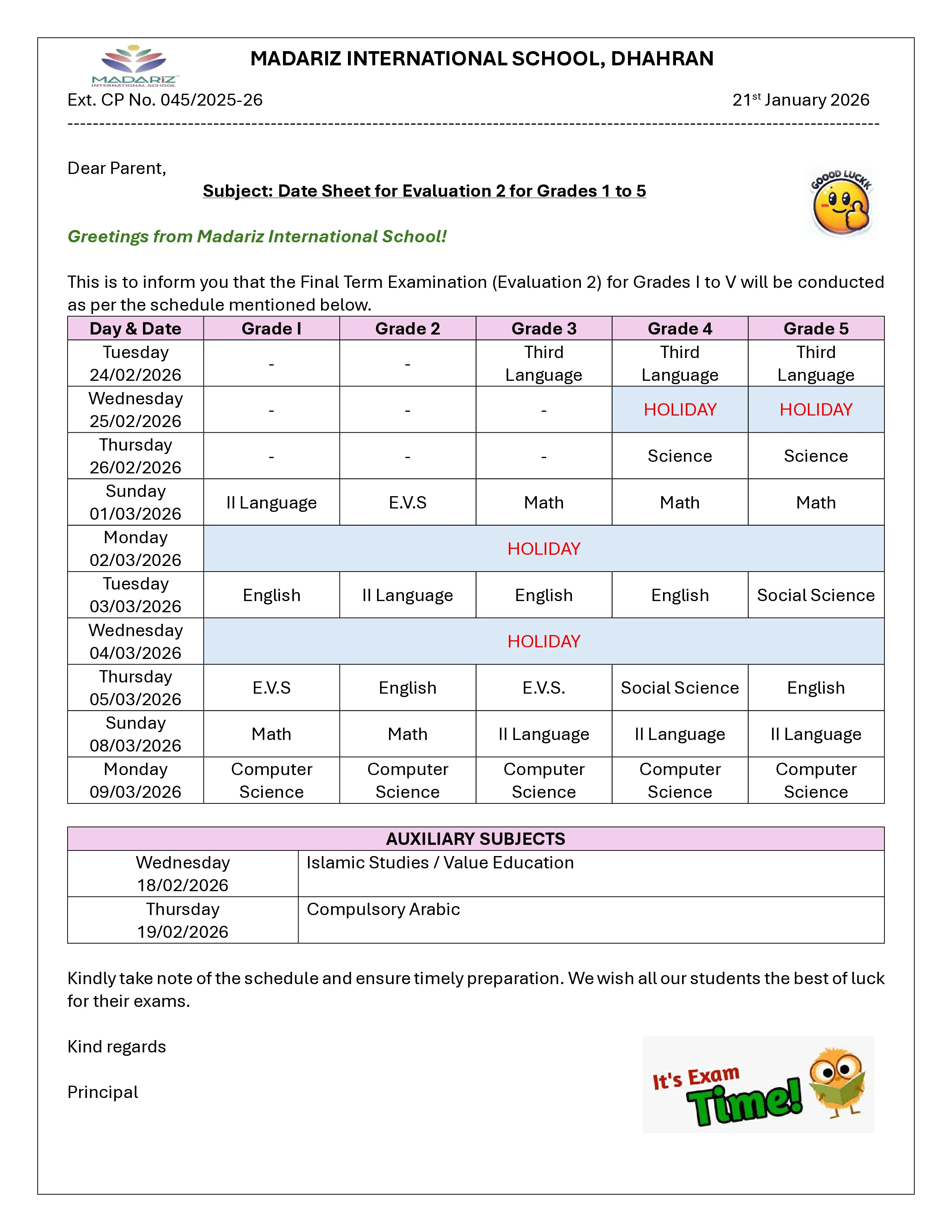 Circular 045 - Final Exam timetable for grade 1 to 5